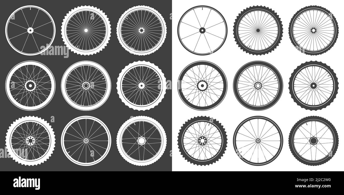 Black and white bicycle wheel symbols collection. Bike rubber tyre ...