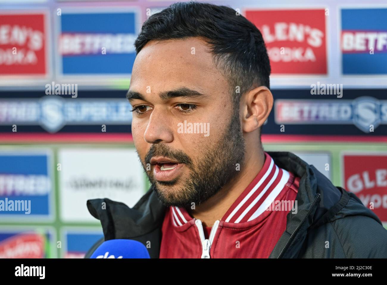 Wigan, UK. 31st Mar, 2022. Bevan French #1 of Wigan Warriors speaks to ...