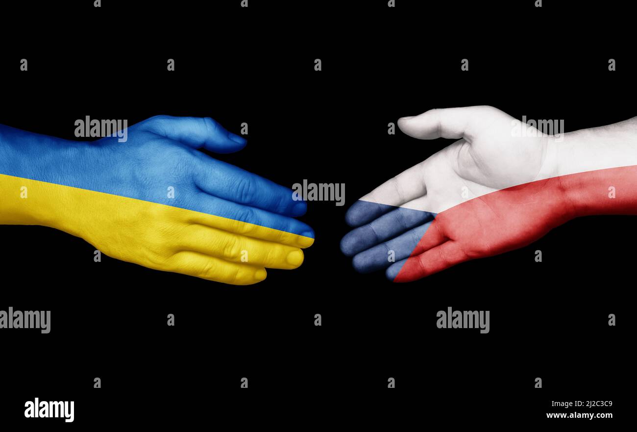 Country handshaking, consensus concept with Czech and Ukraine flags ...