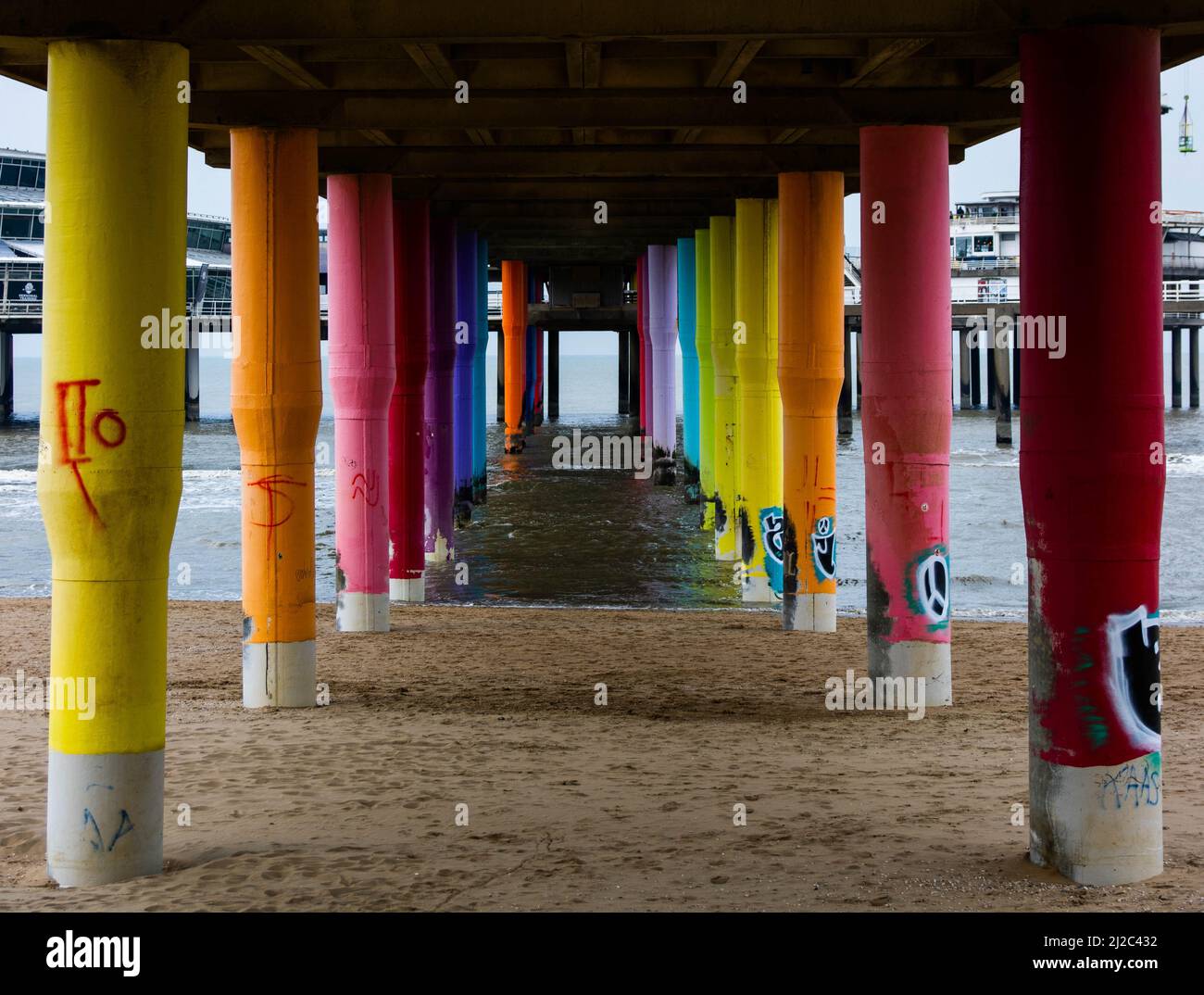 A pier with colorful columns in Scheveningen in the Netherlands Stock ...