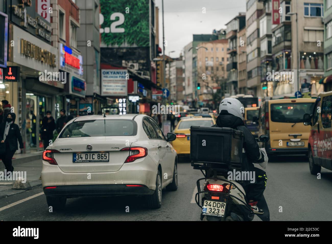 ISTANBUL, TURKEY - OCT, 2021 Taxis await customers along city streets ...
