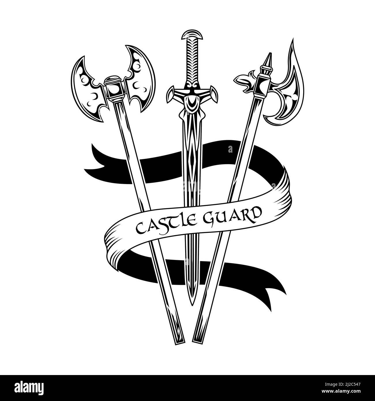 Brave knights weapon vector illustration. Sword and axes, castle guard ...