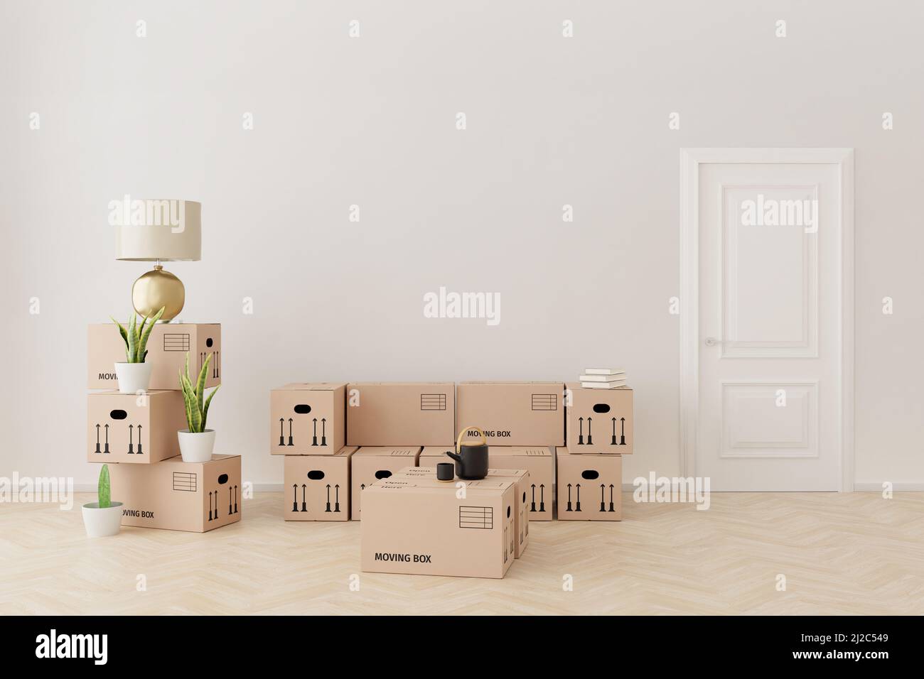 Apartment with sofa and coffee table consisting of moving boxes ...