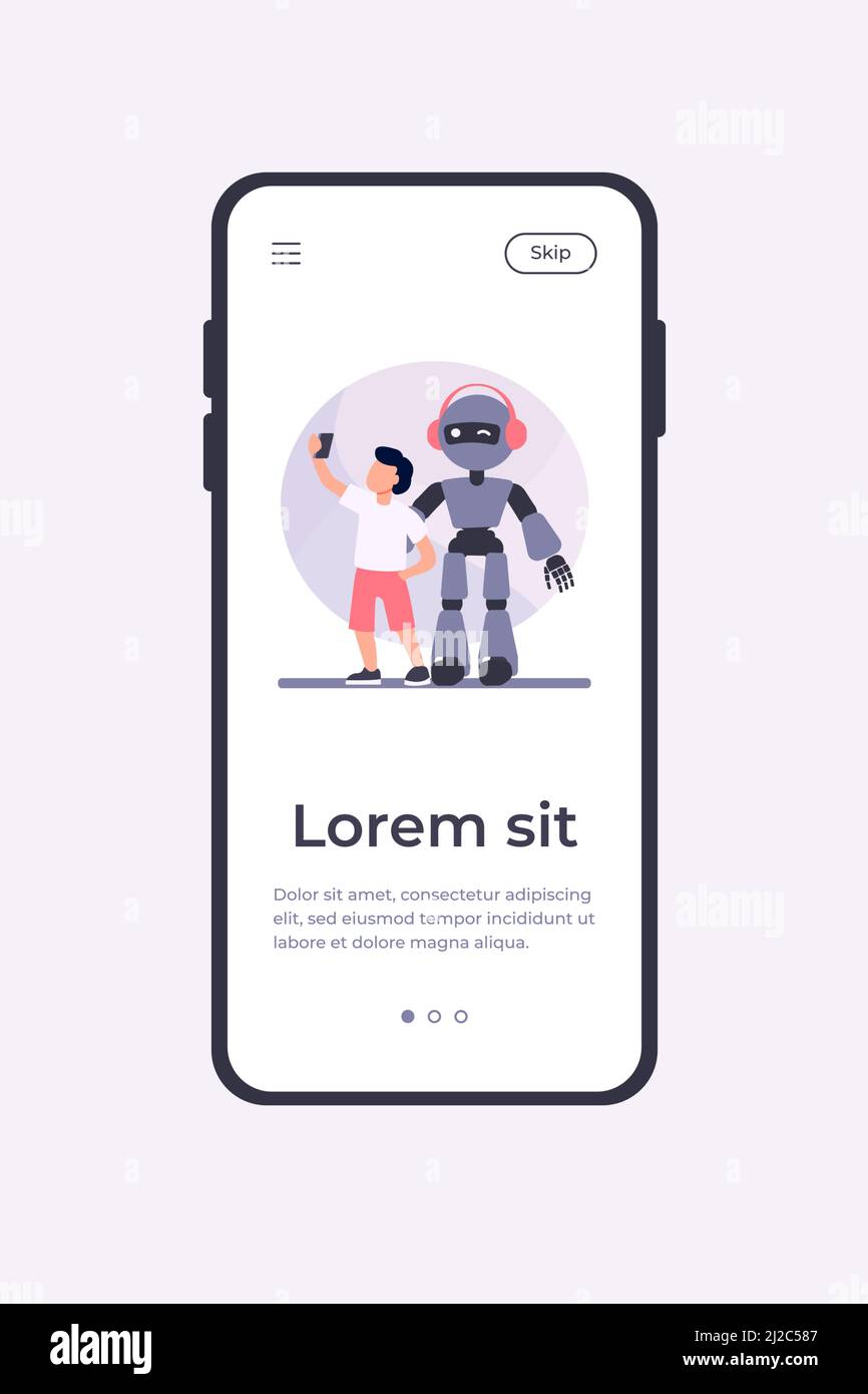 Boy taking selfie with humanoid. Child with cyborg, kid with robot flat ...