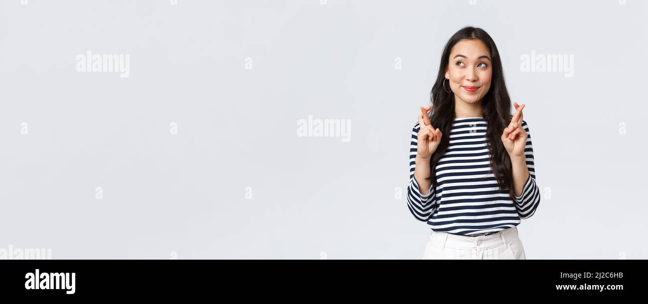 Lifestyle, people emotions and casual concept. Hopeful cute wishful ...