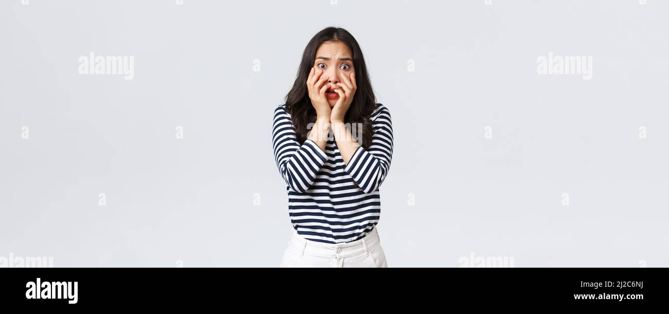 Lifestyle, people emotions and casual concept. Scared timid and ...