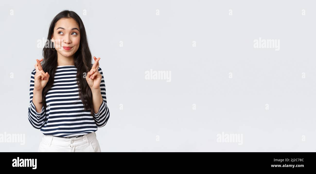 Lifestyle, people emotions and casual concept. Hopeful cute wishful ...