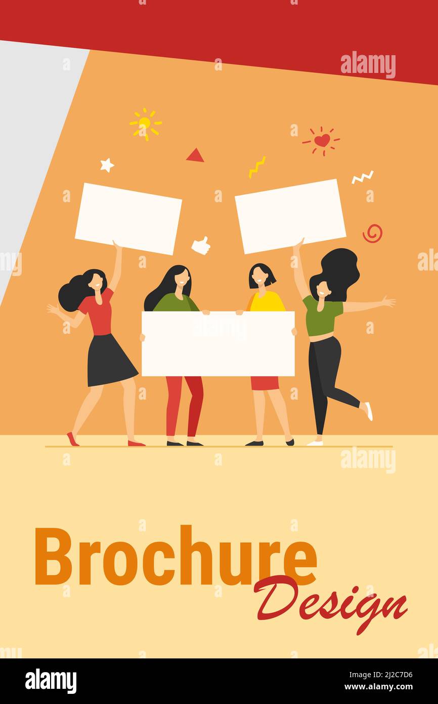 Crowd of protesting women holding banners and placards isolated flat ...