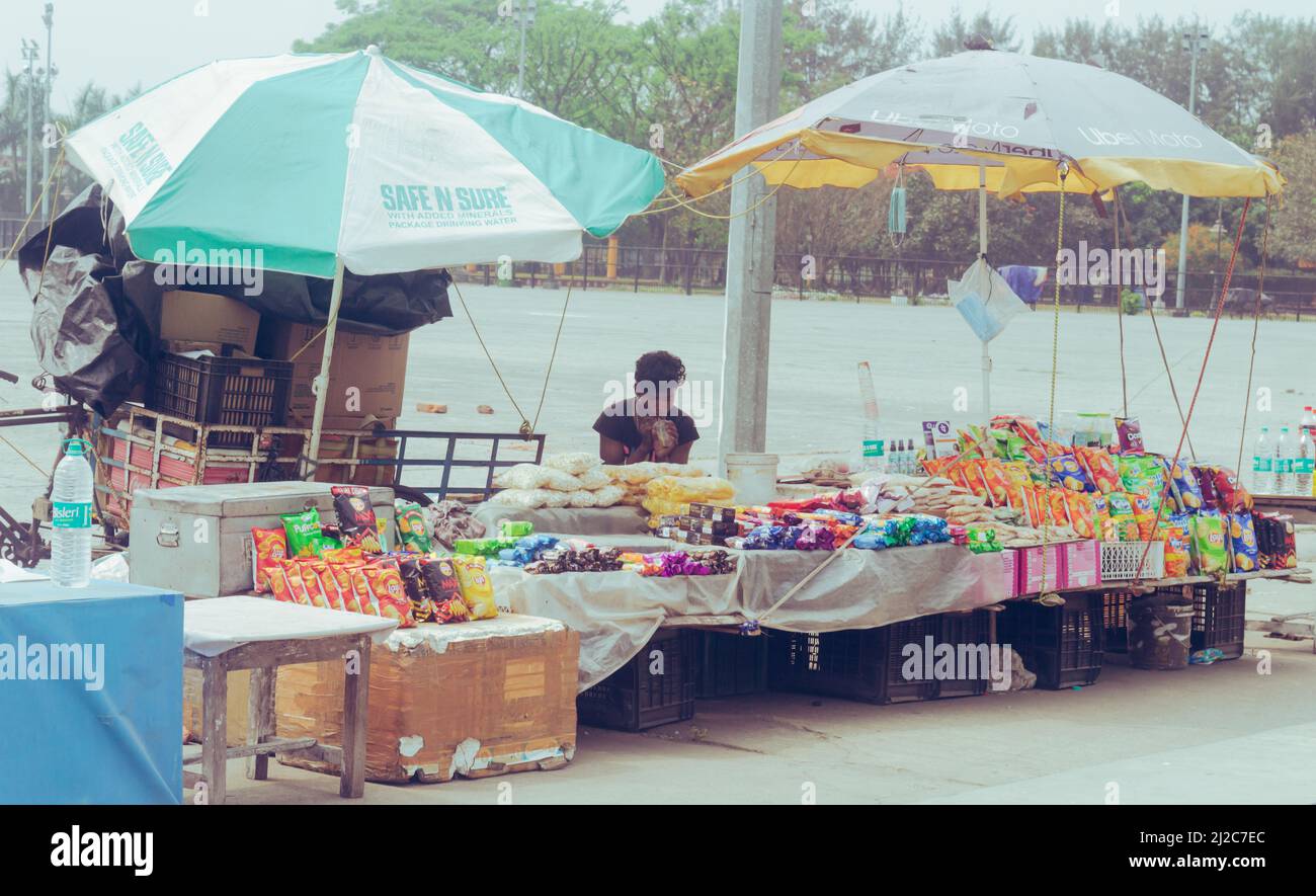 Road side food stalls or street food shop display, selling food and ...