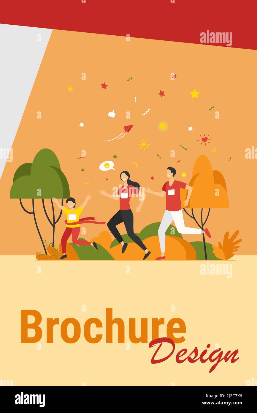 Dad, mom and kids running together in park isolated flat vector ...