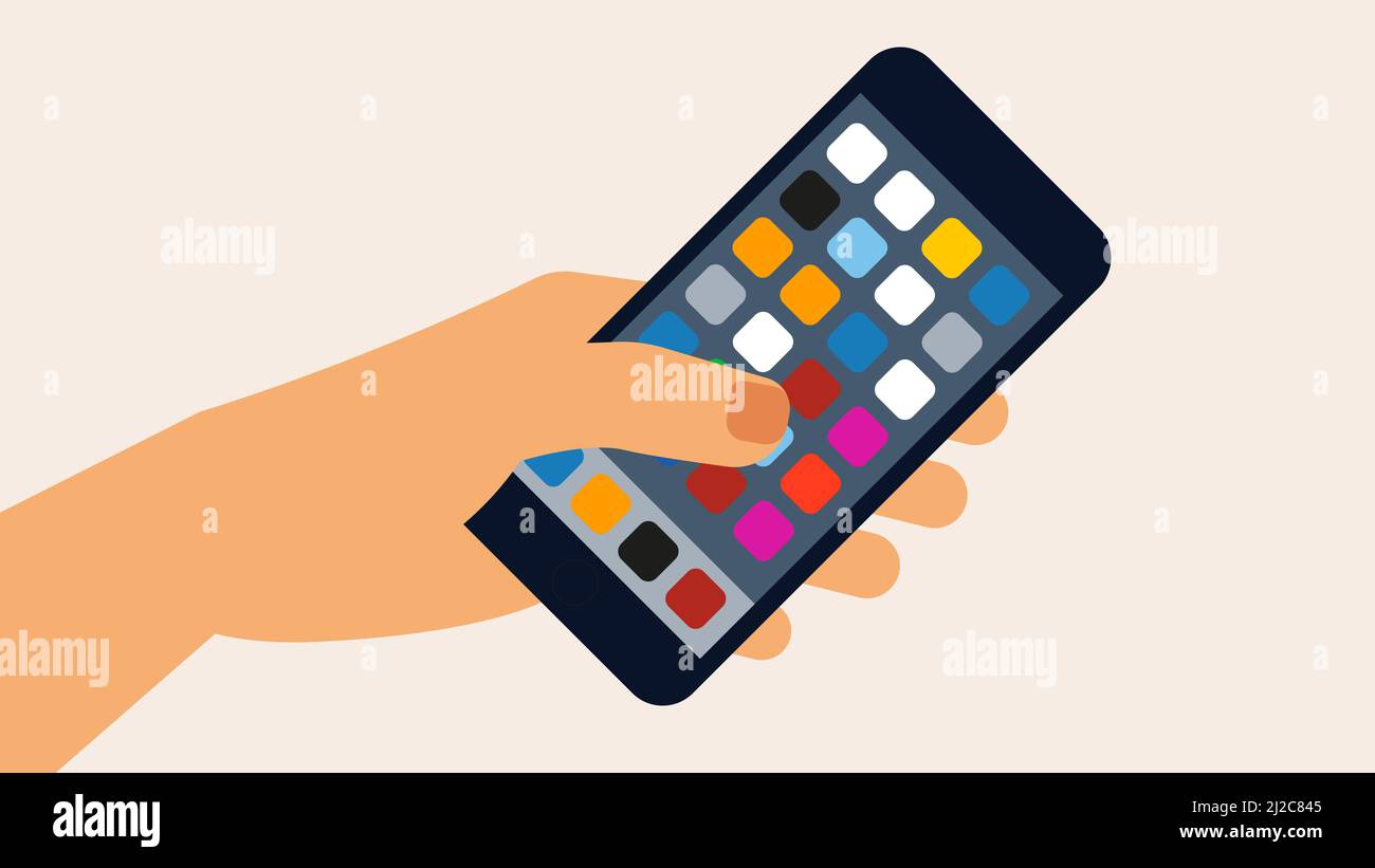 Smartphone in hand. Human hand is holding device with active screen ...