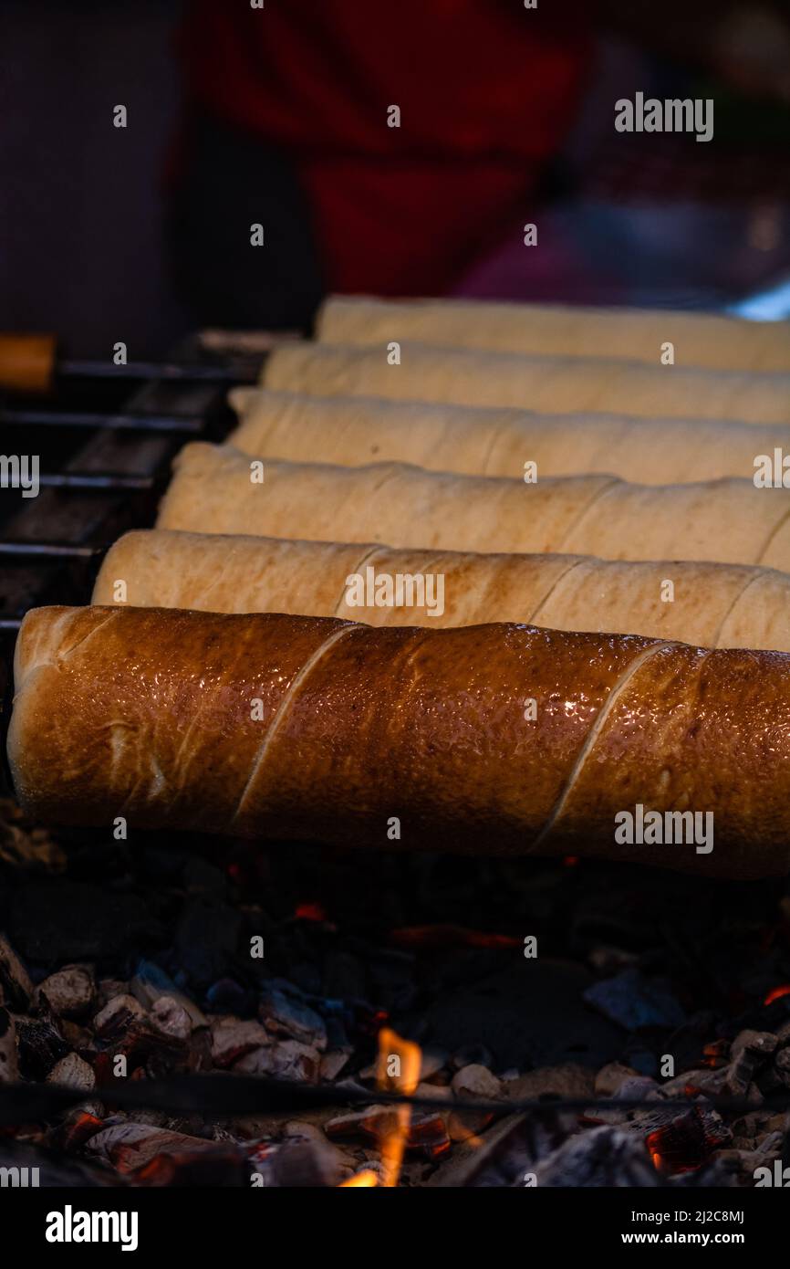 Kurtos Kolacs (Kürtőskalács). Traditional Hungarian cake, baked with ...