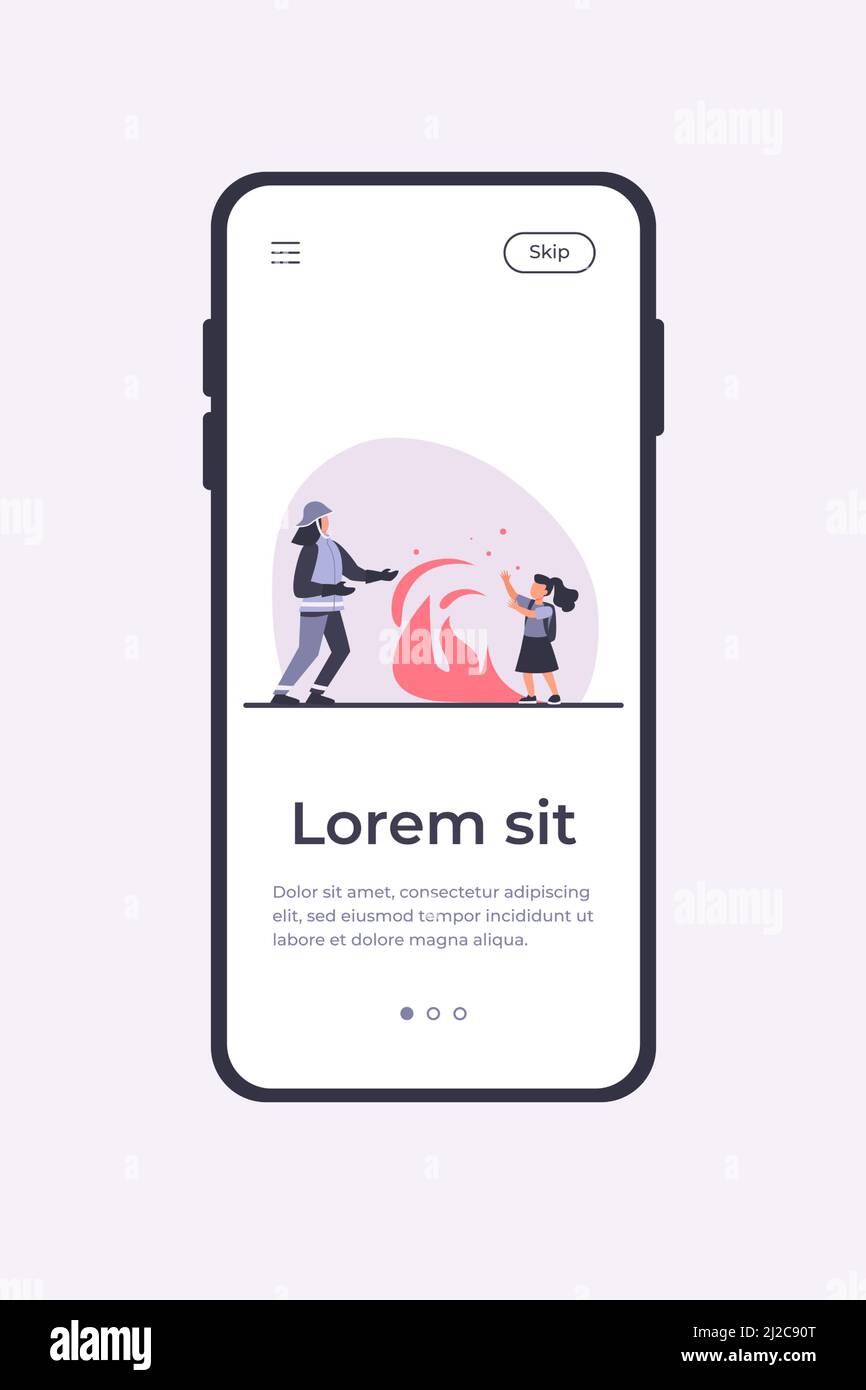 Firefighter saving girl life. Flame between firemen in protective suit ...