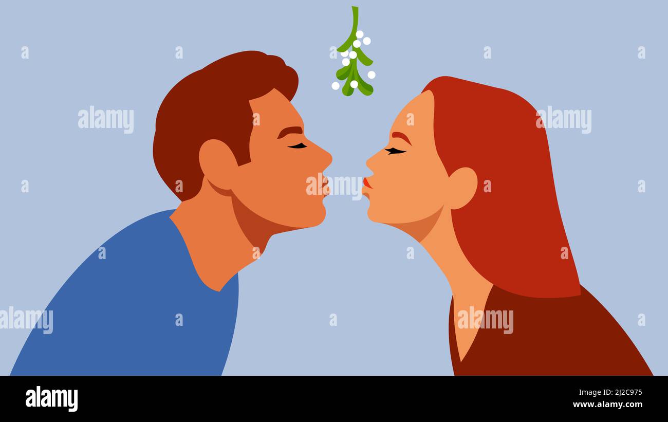 Kissing Under Mistletoe Branch The Guy And The Girl Are Kissing A