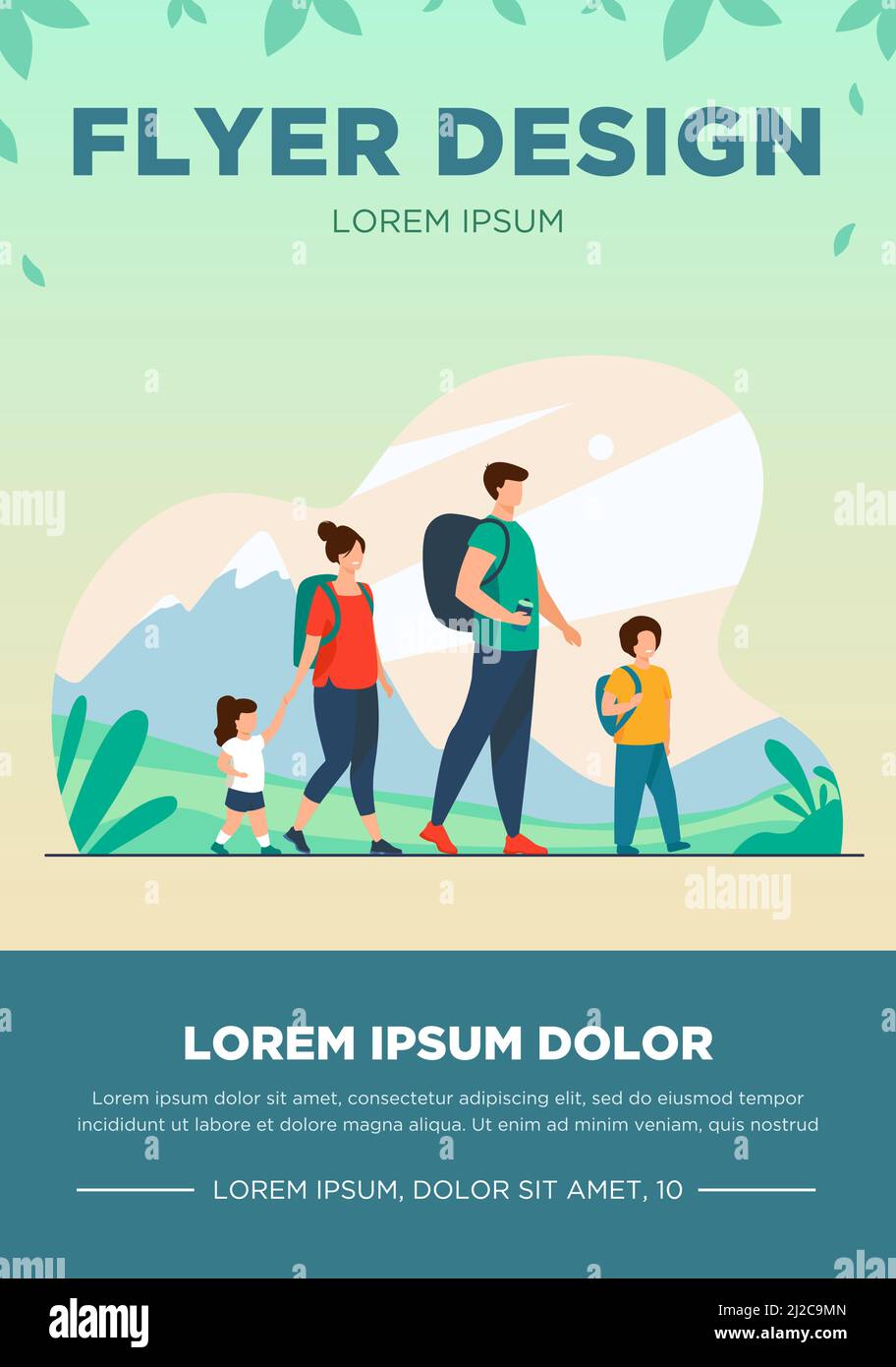 Happy active family walking outdoors. Couple of tourists with children hiking, carrying camping ...