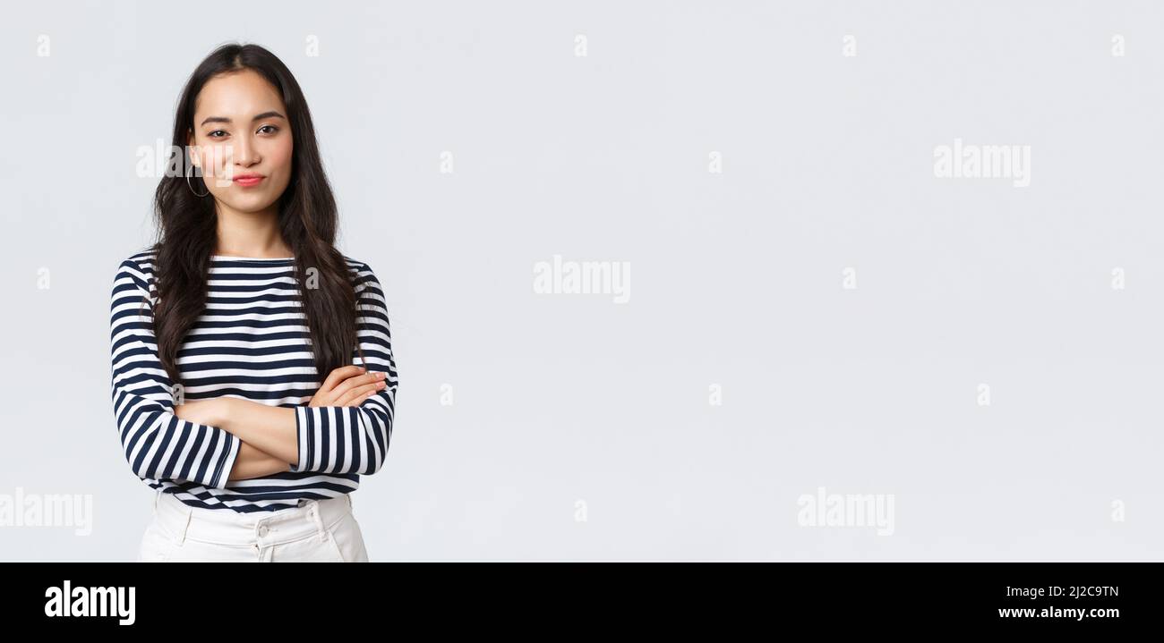 Lifestyle, beauty and fashion, people emotions concept. Skeptical and ...