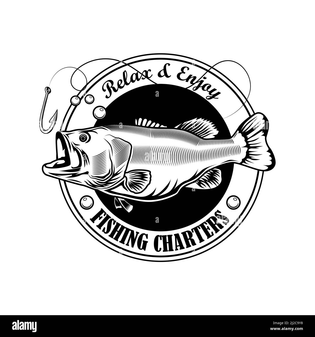 Fishing charter stamp vector illustration. Fish, hook and text on ...