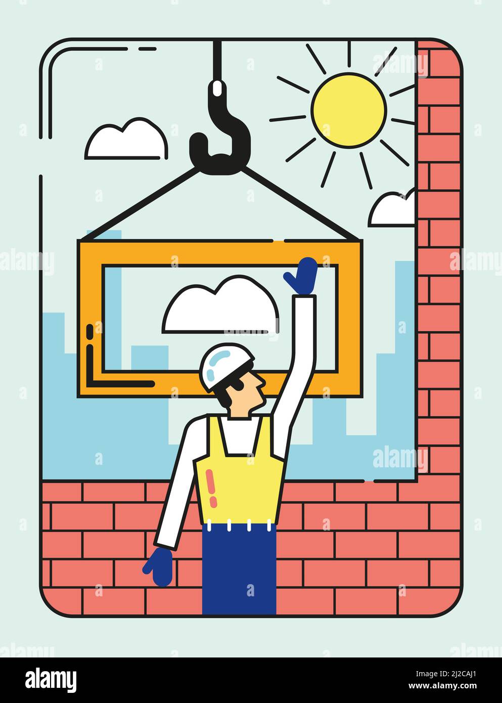Construction worker, window frame, bricks, crane, minimalist concept ...