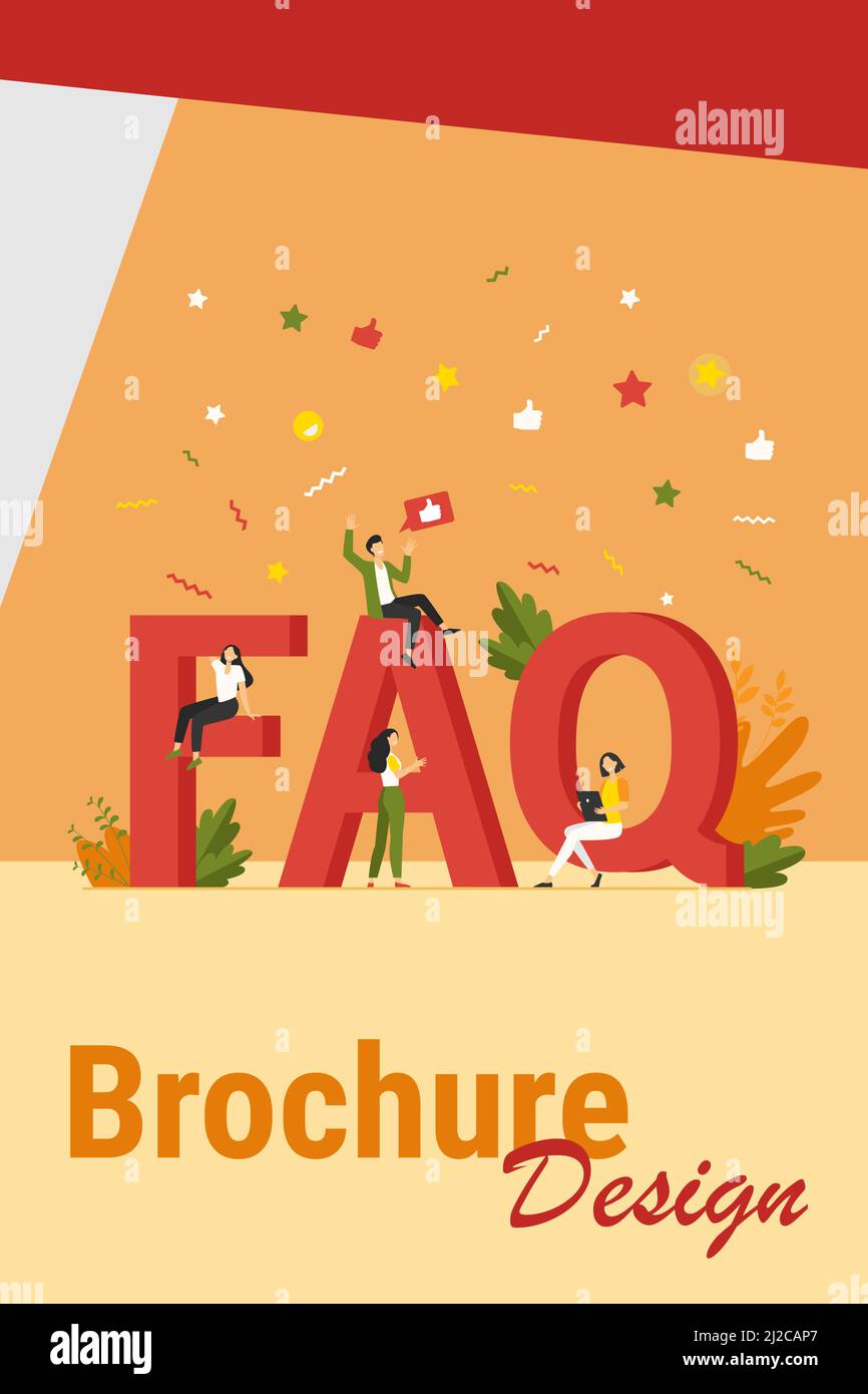 Giant FAQ and tiny people flat vector illustration. Cartoon users ...