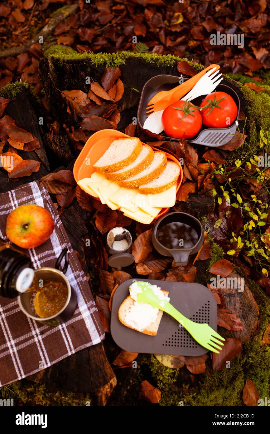 Campsite kit for snacks and drinking tea or coffee. Travel picnic tools ...