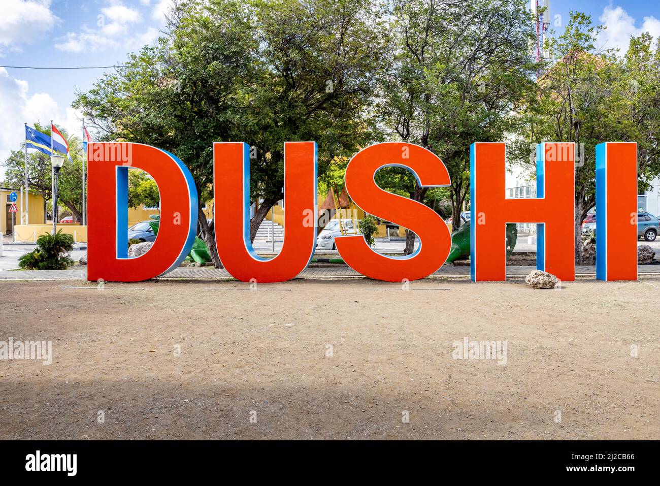 DUSHI written in big red and blue letters in the city center of ...