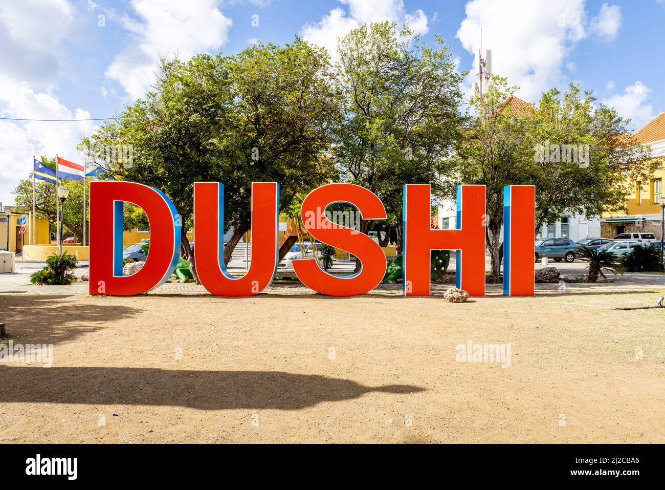 DUSHI written in big red and blue letters in the city center of ...