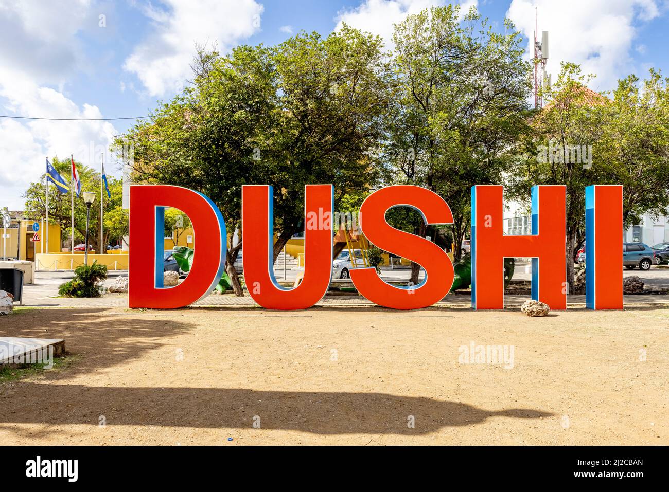 DUSHI written in big red and blue letters in the city center of ...