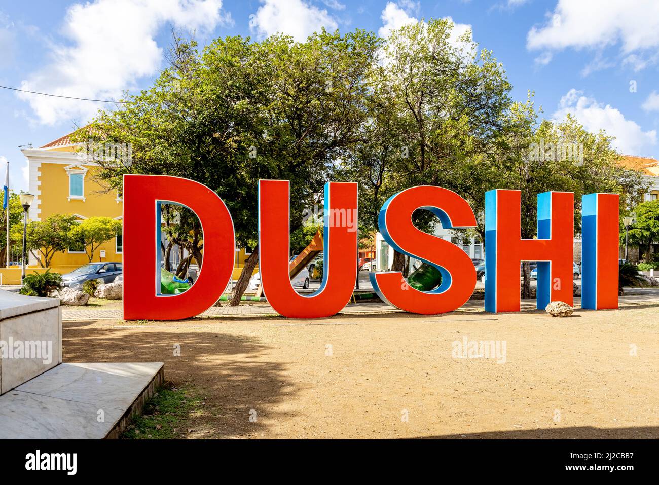 DUSHI written in big red and blue letters in the city center of ...