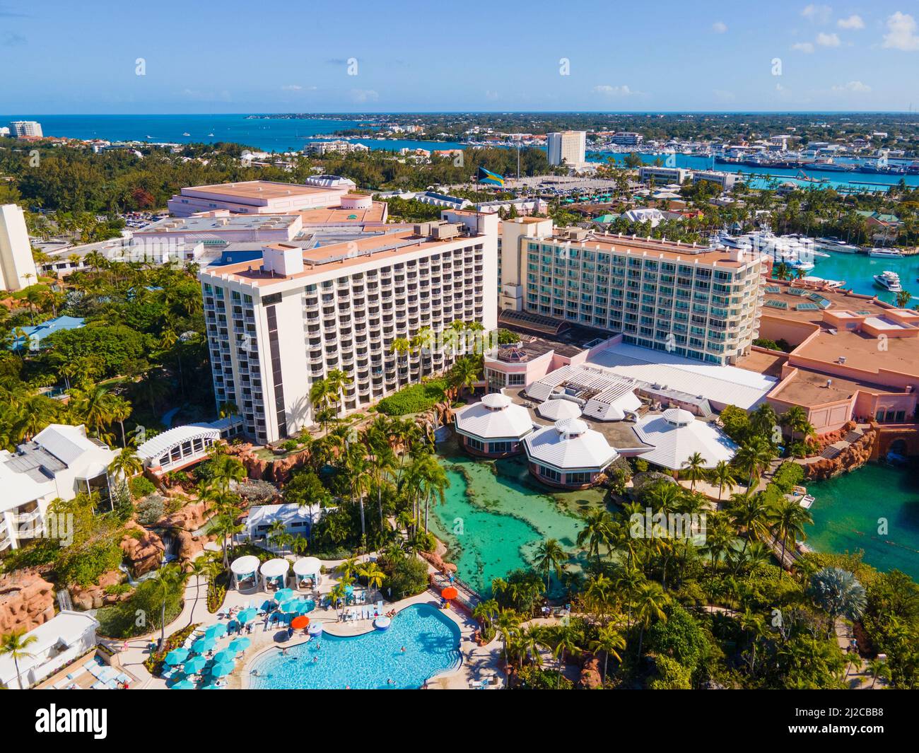 The Coral Hotel at Atlantis Resort aerial view with Nassau downtown at ...