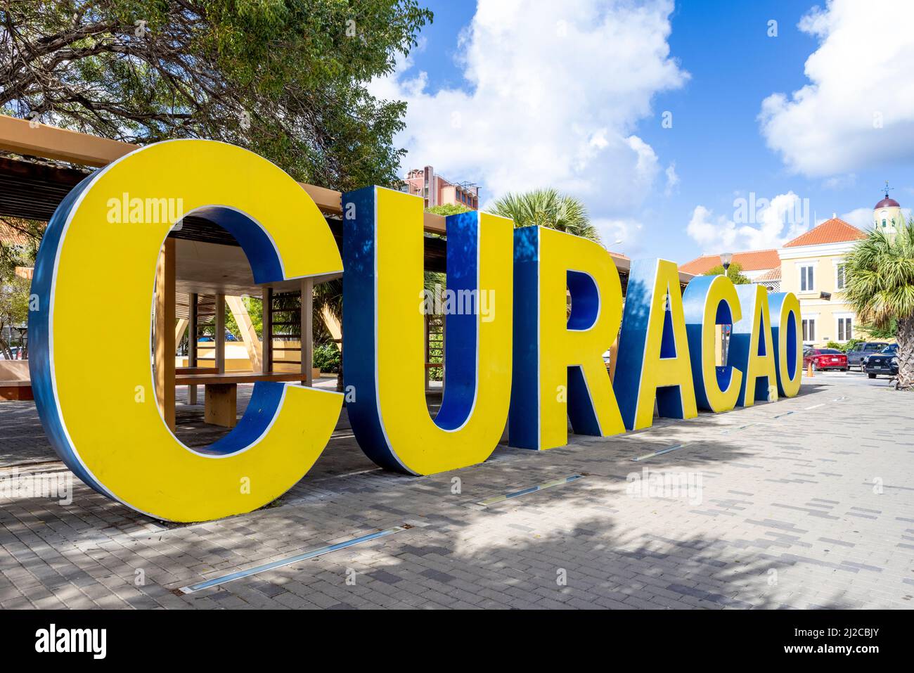 CURACAO written in big yellow and blue letters in the city center of ...
