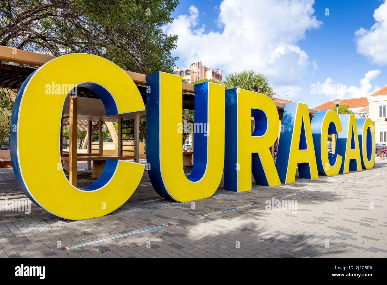 CURACAO written in big yellow and blue letters in the city center of ...