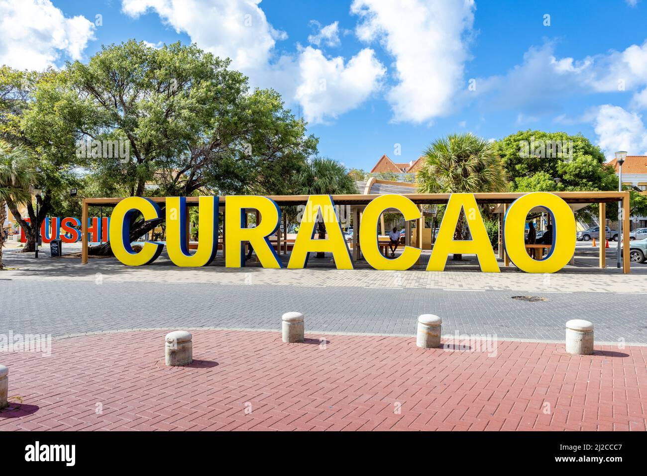 CURACAO written in big yellow and blue letters in the city center of ...