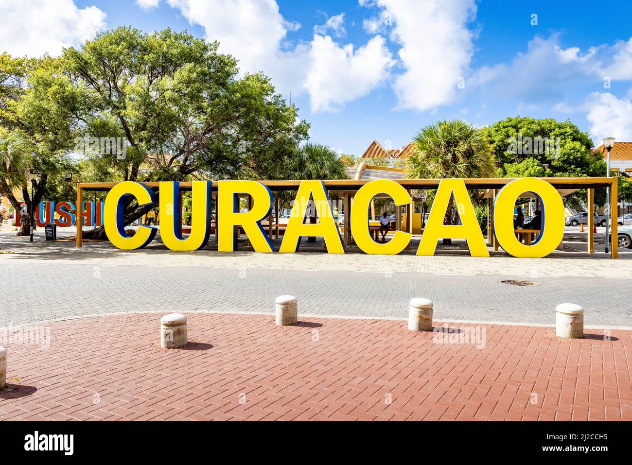 CURACAO written in big yellow and blue letters in the city center of ...