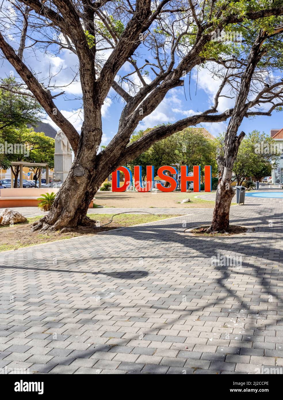 DUSHI written in big red and blue letters in the city center of ...