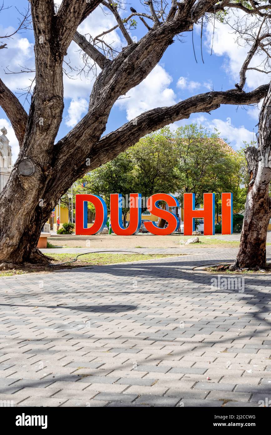 DUSHI written in big red and blue letters in the city center of ...