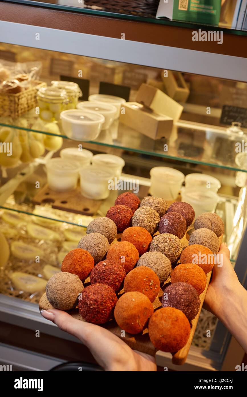 Belper Knolle cheese in the form of small balls. Small Swiss hard ...