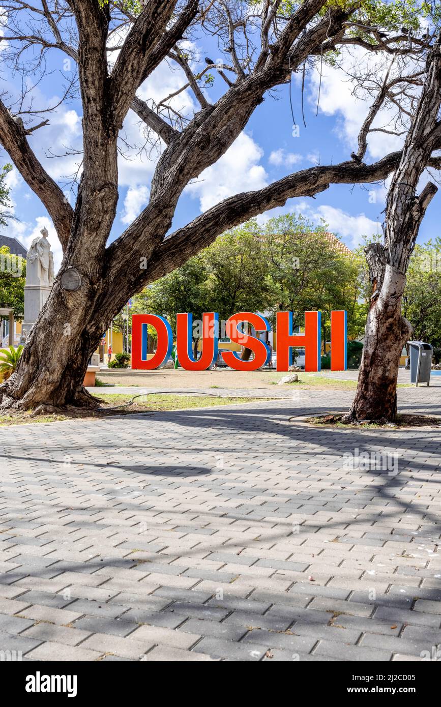 DUSHI written in big red and blue letters in the city center of ...