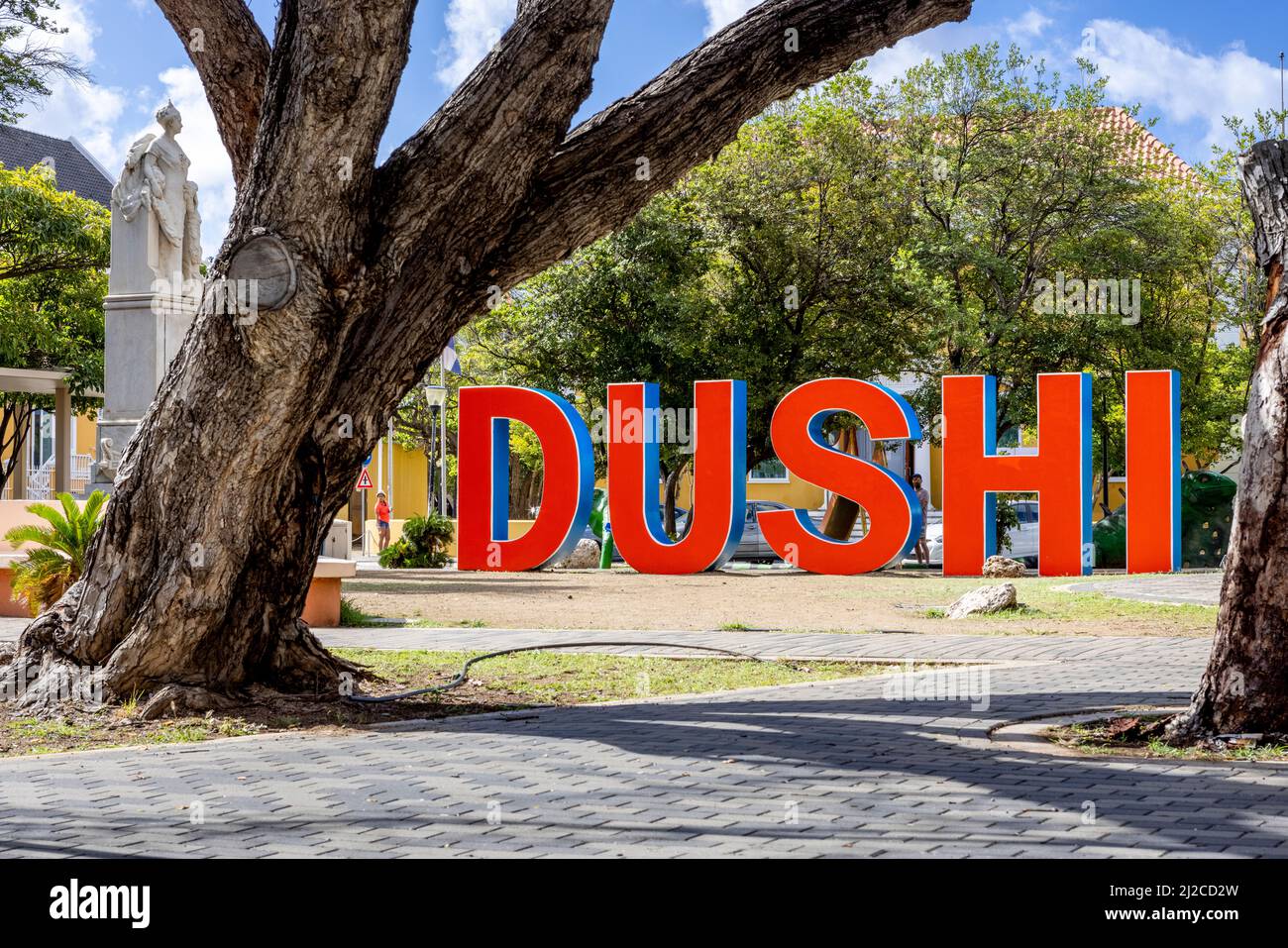 DUSHI written in big red and blue letters in the city center of ...