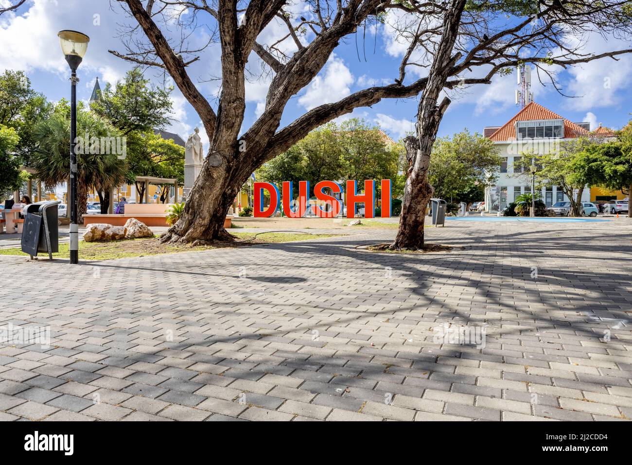 DUSHI written in big red and blue letters in the city center of ...