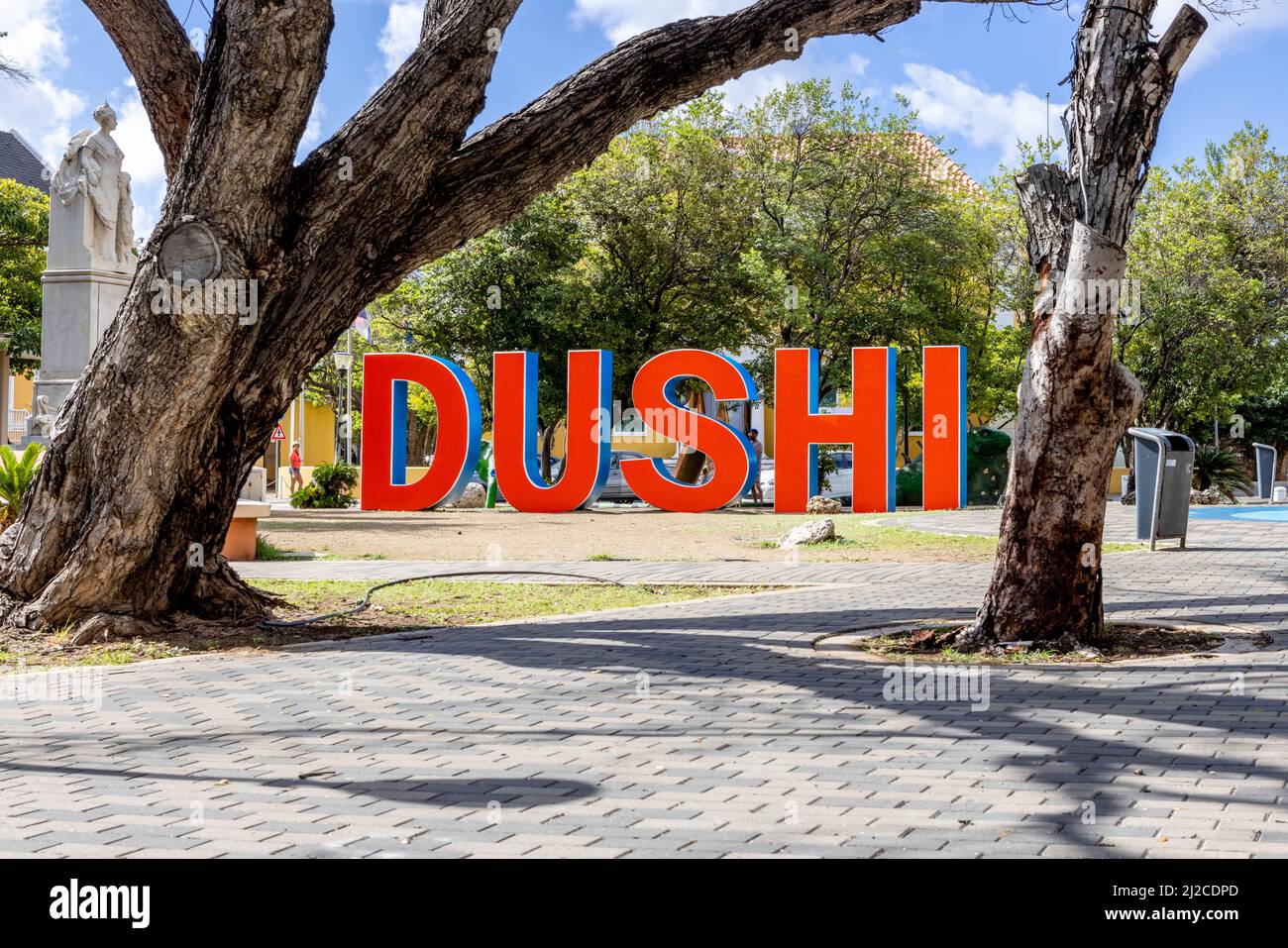 DUSHI written in big red and blue letters in the city center of ...