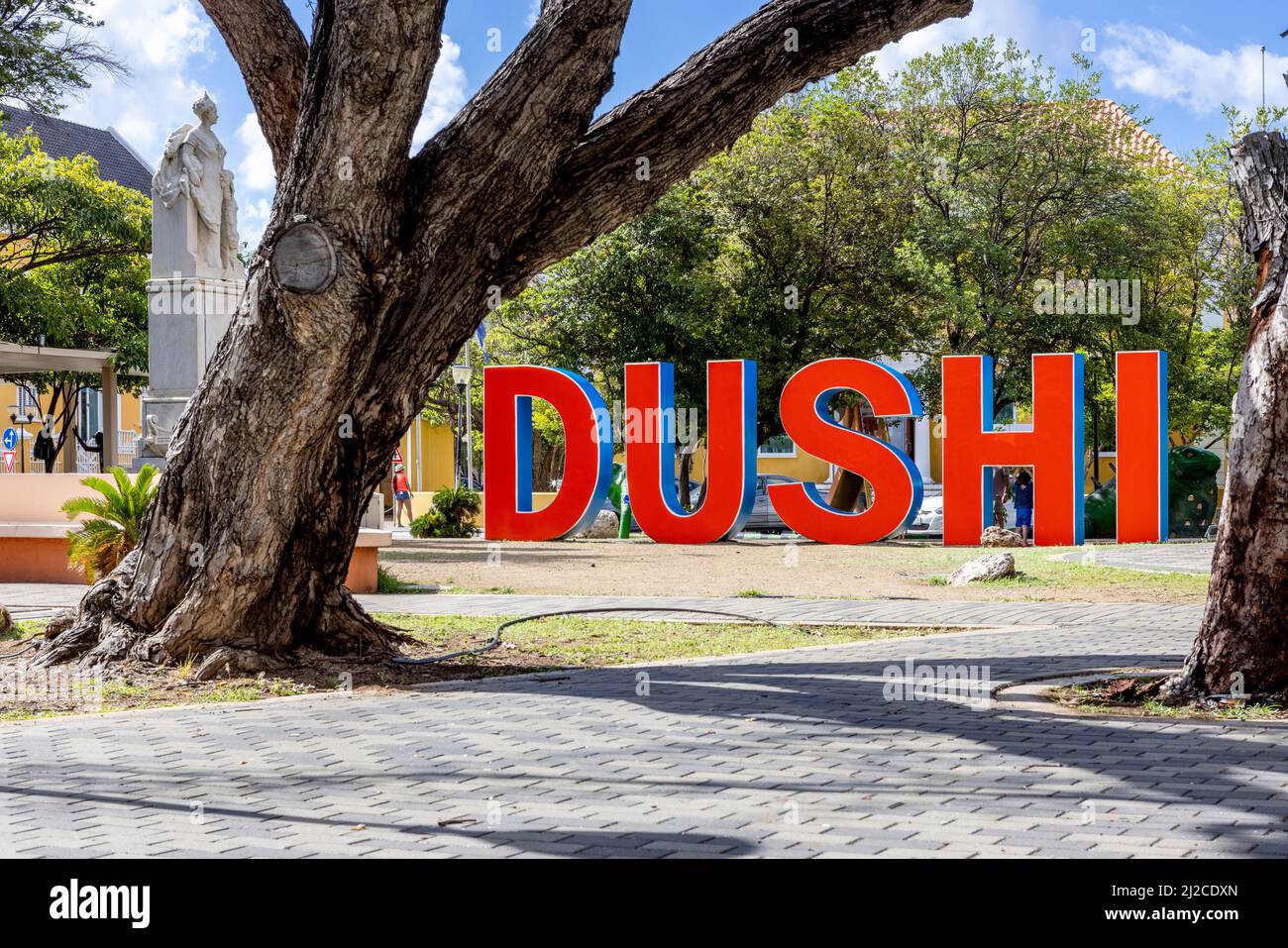 DUSHI written in big red and blue letters in the city center of ...