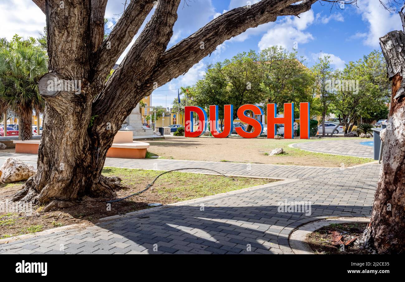 DUSHI written in big red and blue letters in the city center of ...