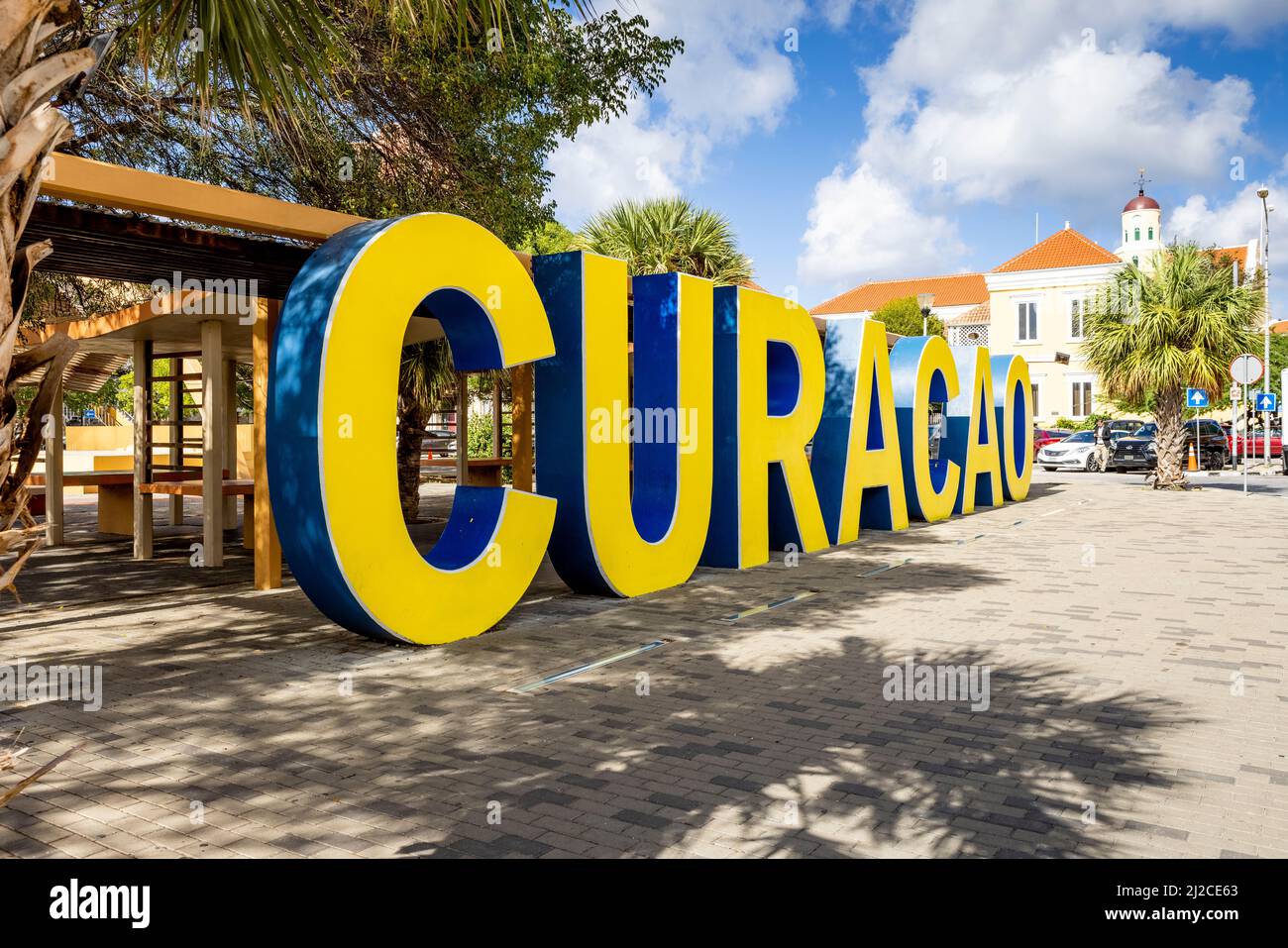 CURACAO written in big yellow and blue letters in the city center of ...