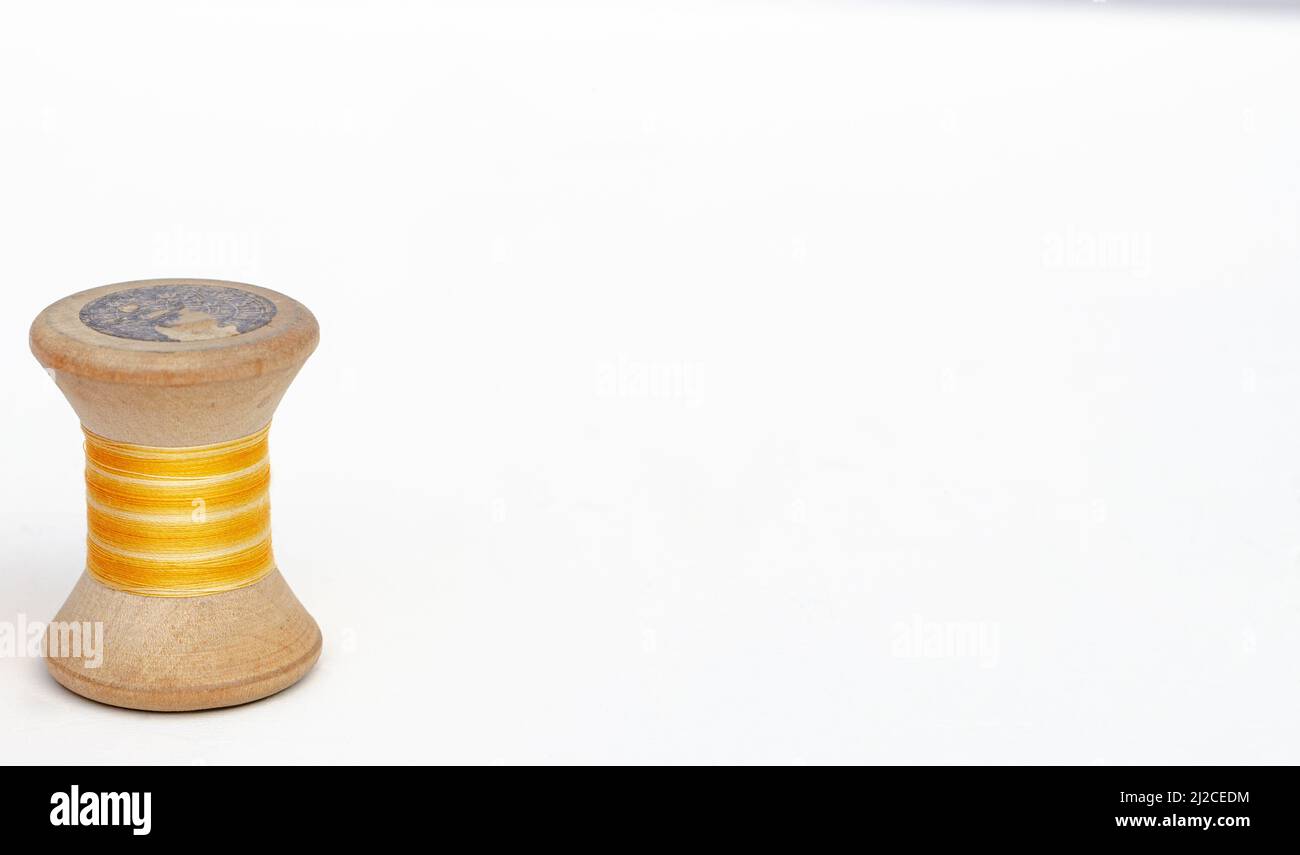 A sewing thread on a wooden bobbin in yellow gradient colors isolated ...