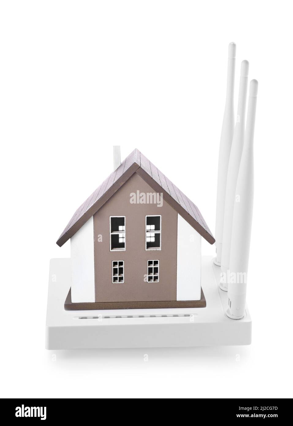 Modern wi-fi router and figure of house isolated on white Stock Photo ...