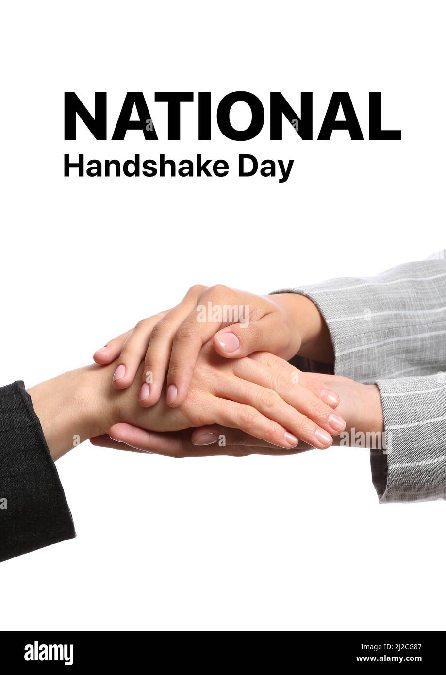Businesswomen holding hands together on white background. National ...