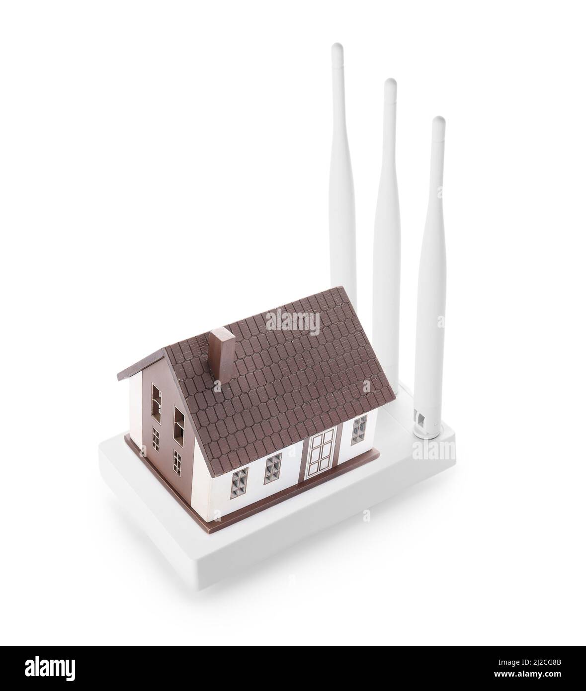 Modern wi-fi router and figure of house isolated on white Stock Photo ...