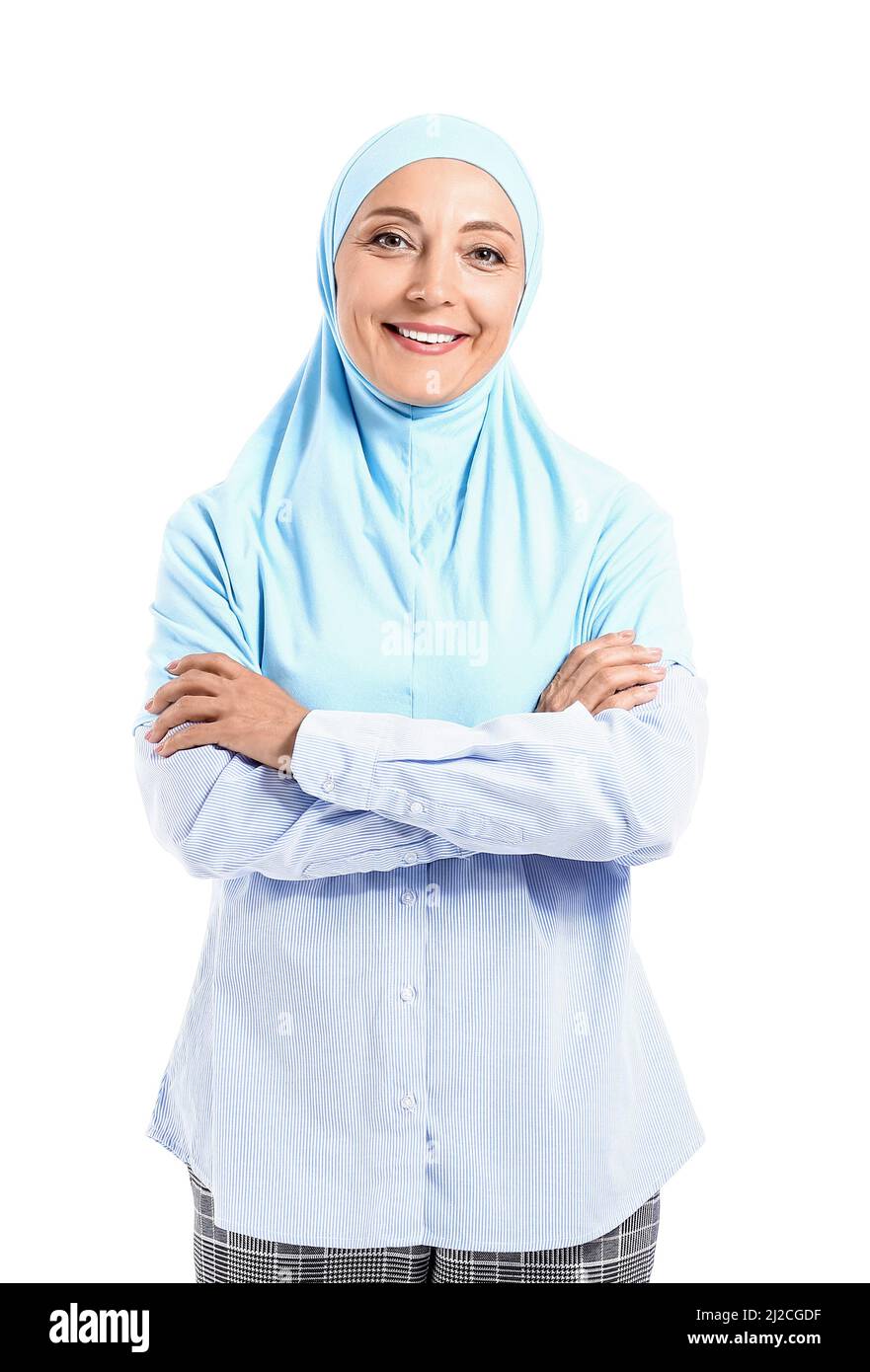 Portrait of Muslim secretary on white background Stock Photo - Alamy