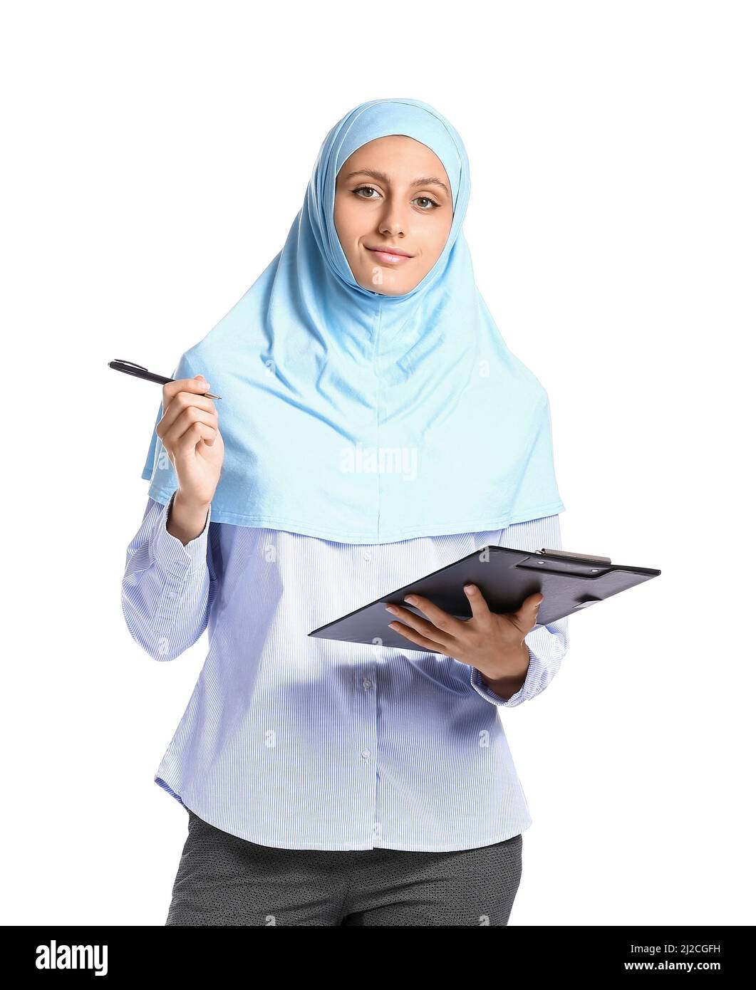 Muslim secretary with clipboard on white background Stock Photo - Alamy
