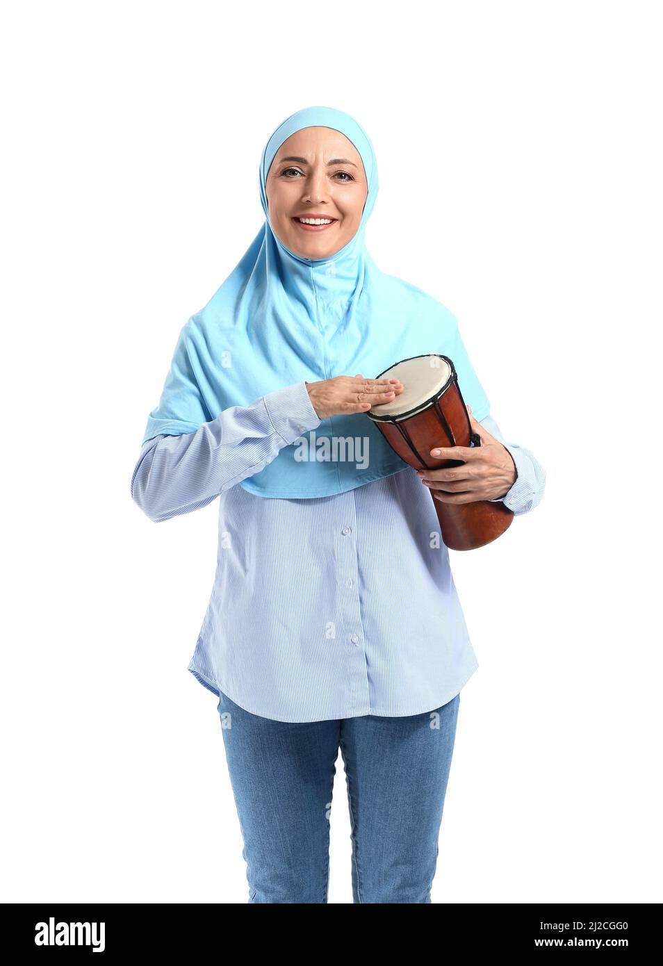 Muslim music teacher with drum on white background Stock Photo - Alamy
